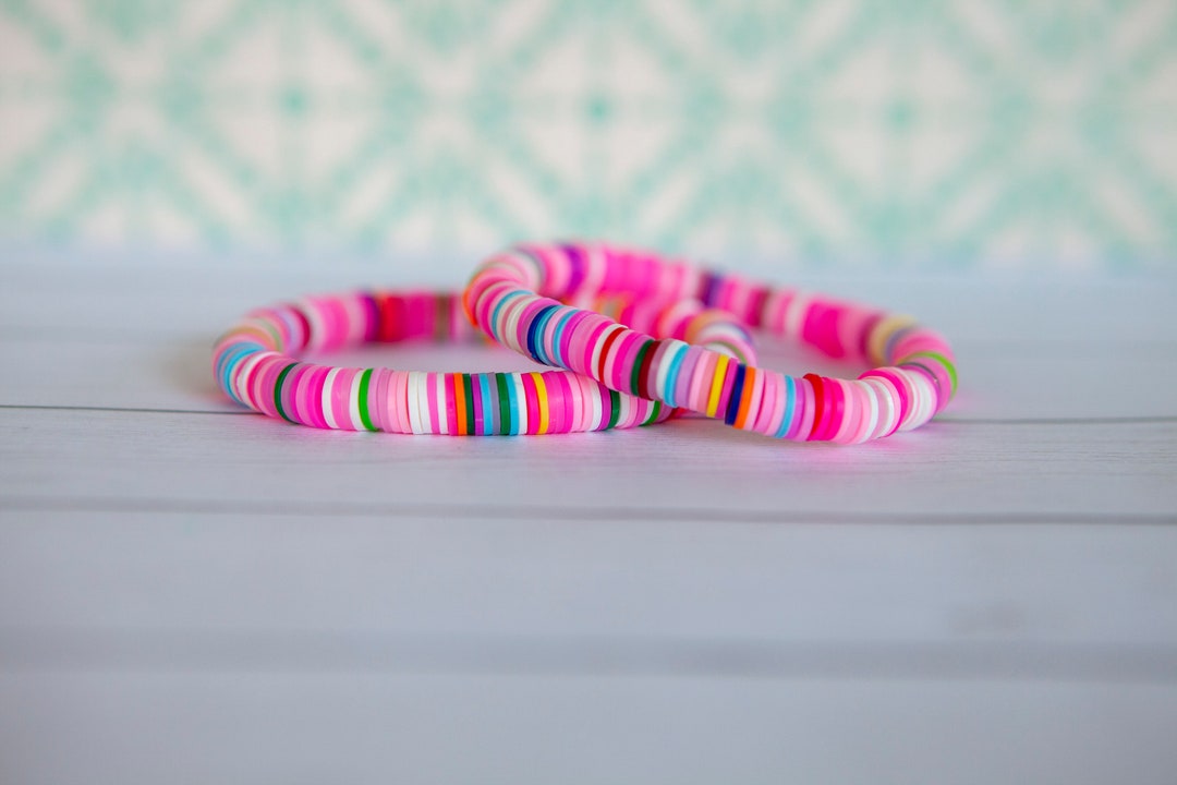Pink and Rainbow Clay Disc Stretch Bracelet | 8mm | 1 Bracelet ...