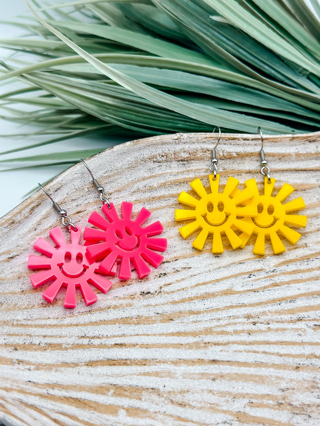 Smiley Face Sunshine Dangly Earrings Gift for Her Pink Yellow Sun ...