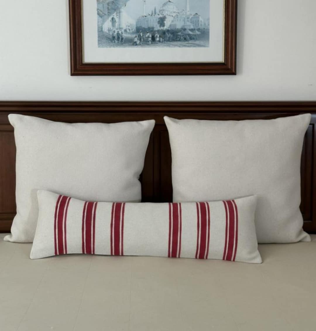 Red Striped Pillow, Extra Long Lumbar Pillow, African Pillow, White ...