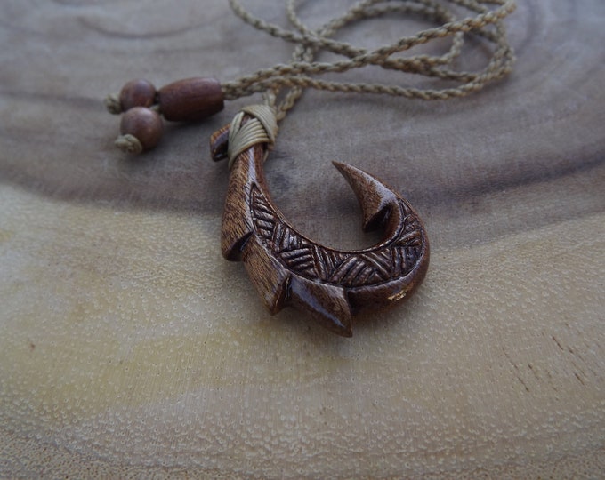Koa Wood Hawaiian Fish Hook Pendant Necklace Hei Matau Adjustable ...