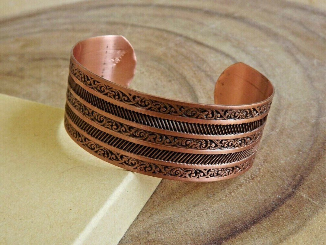 Pure Copper Ribbed Design Bracelet Solid Copper Adjustable 1 Wide Cuff ...