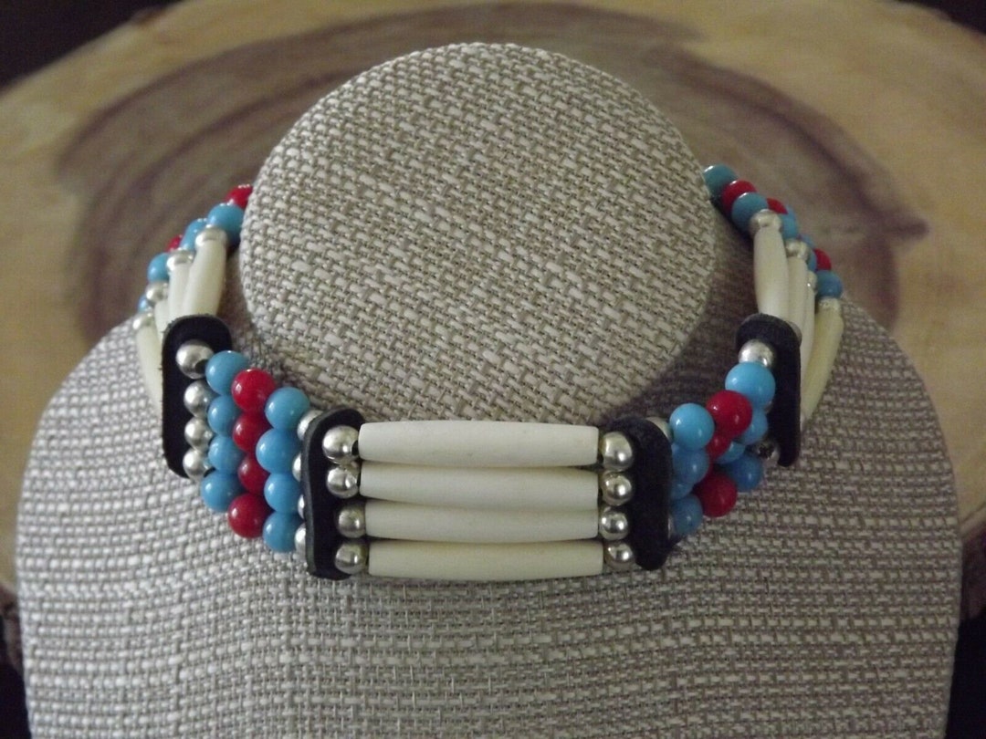 Traditional Buffalo Bone 4 Line Hair Pipe Tribal Choker Leather Tribal ...