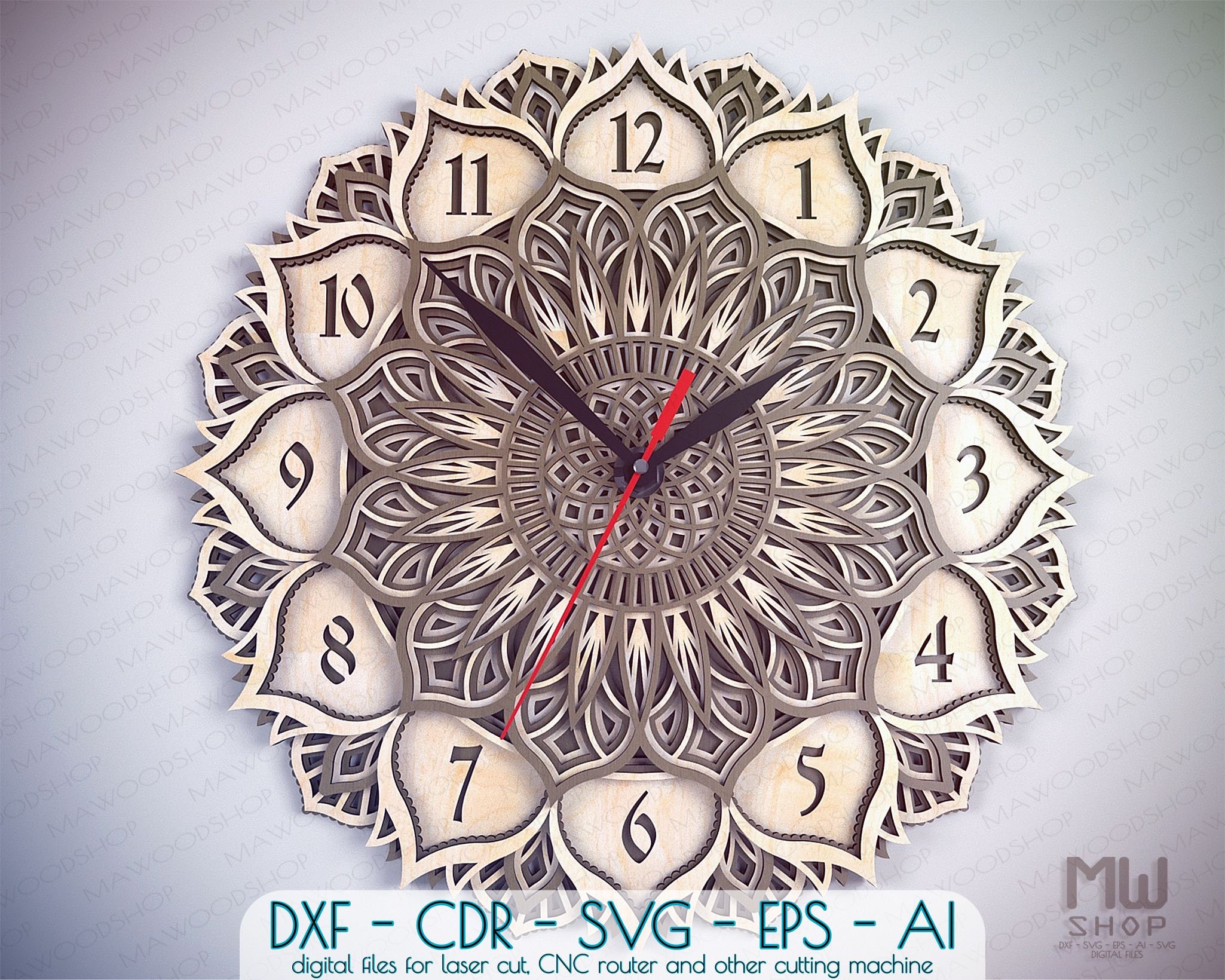 C21 Laser Cut Wall Clock Dxf Mandala Clock DXF File for | Etsy