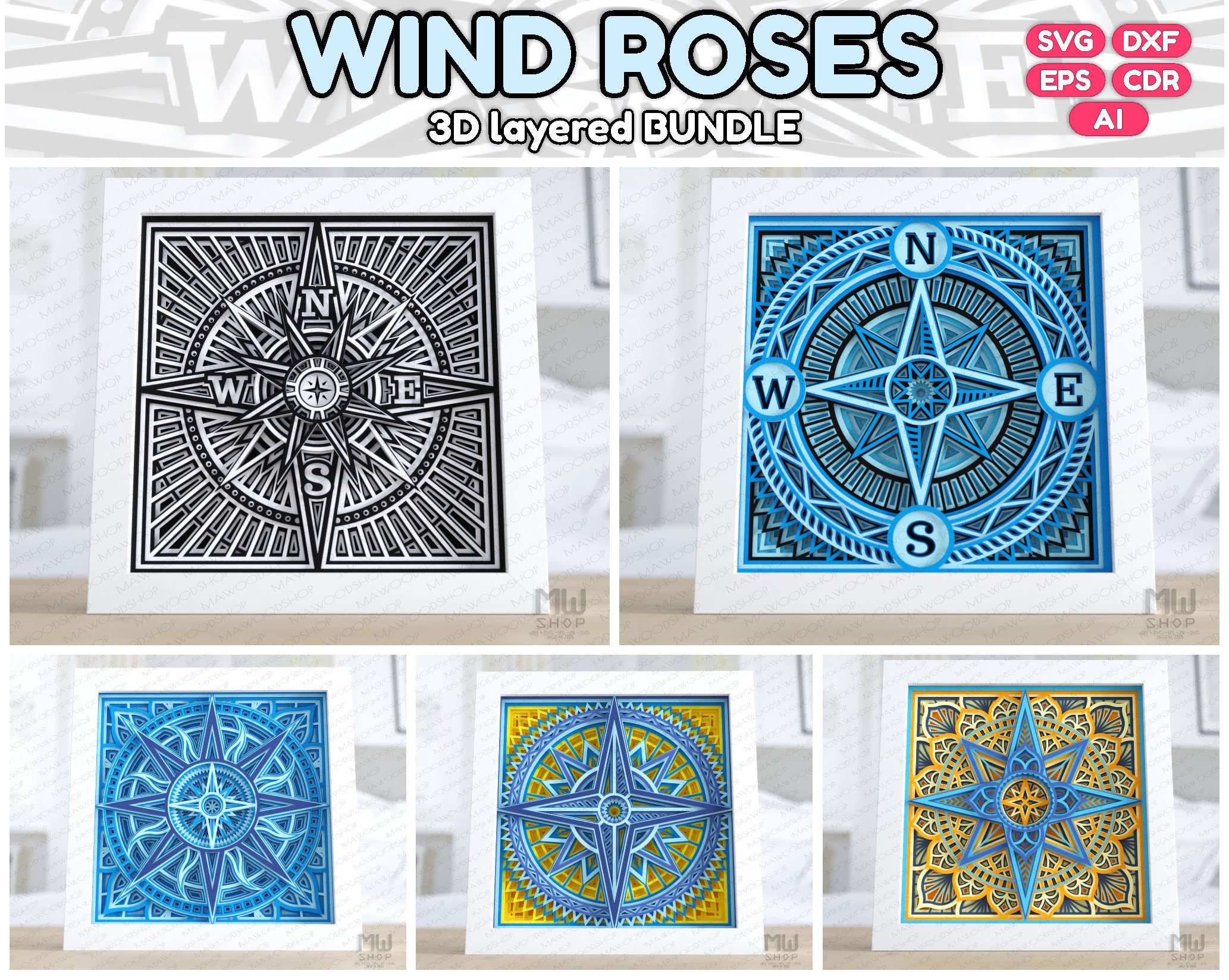 Laser Cut Compass DXF 3D SVG Compass Bundle Windrose Cricut Layered ...