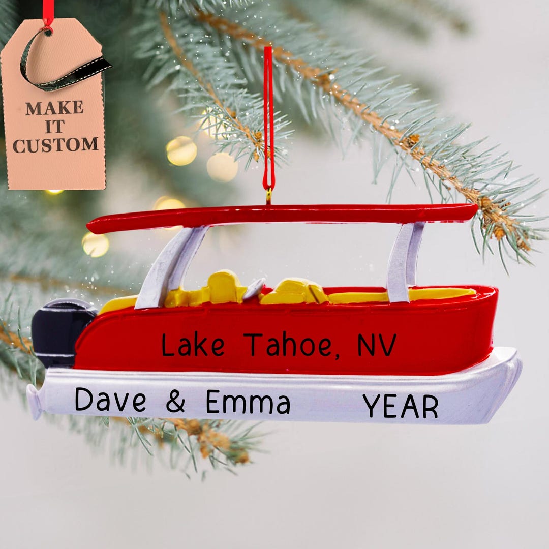 Custom Red Pontoon Boat Christmas Ornament • Personalized Holiday ...