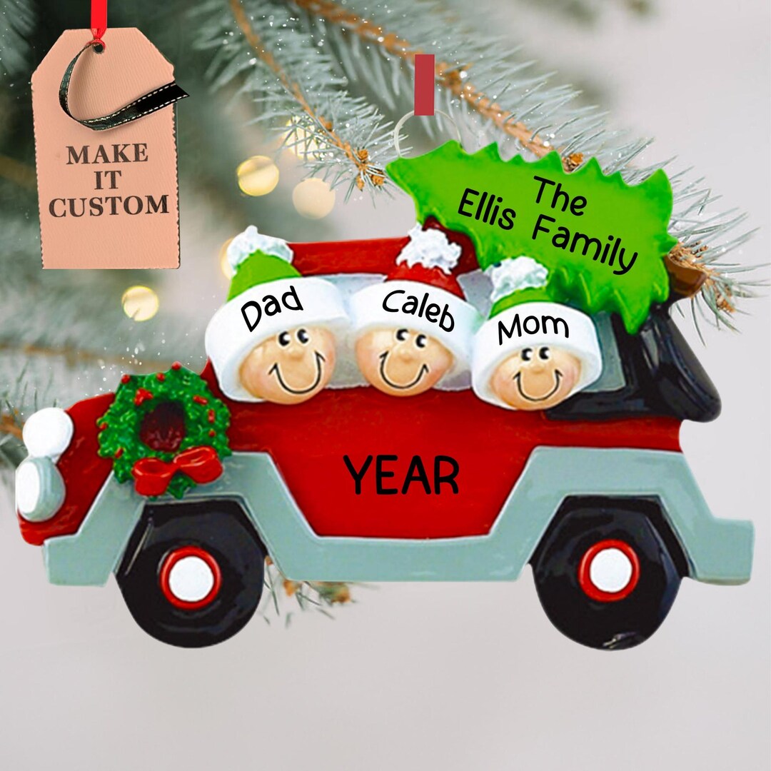 Personalized Red Car Family of 3 Christmas Ornament • Custom Family of ...