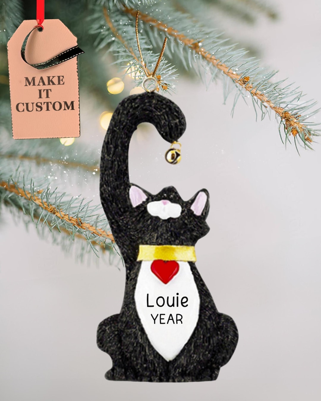 Personalized Black Cat Long Tail and Bell Ornament • Custom Black Tabby ...