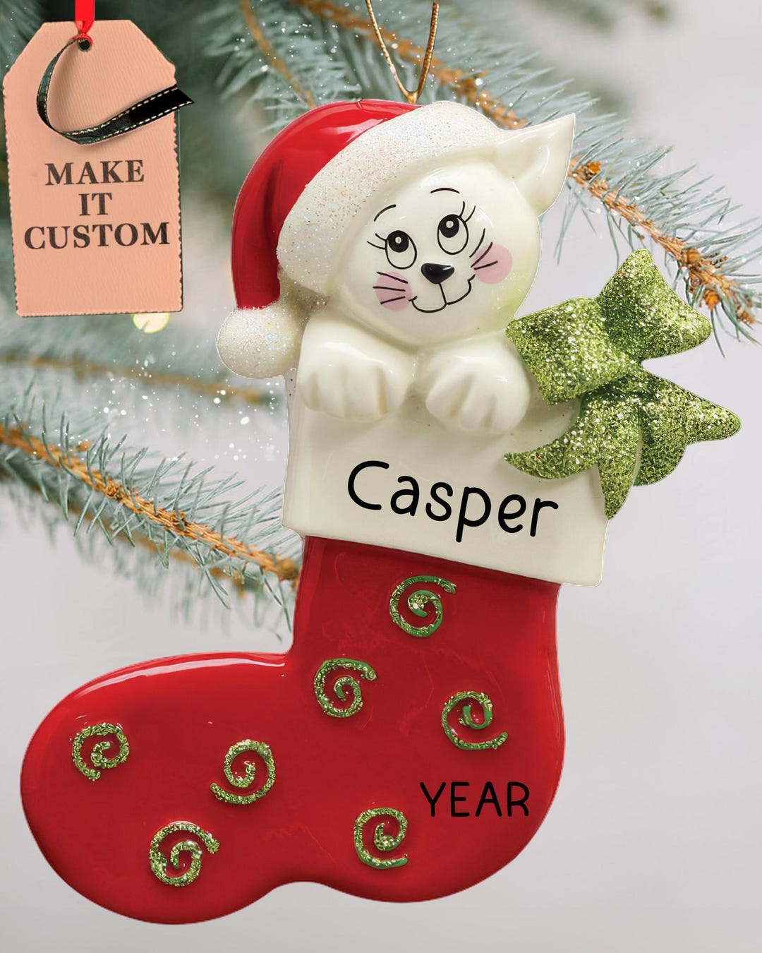 Personalized Cat Stocking Ornament • Custom White Cat Christmas Present ...