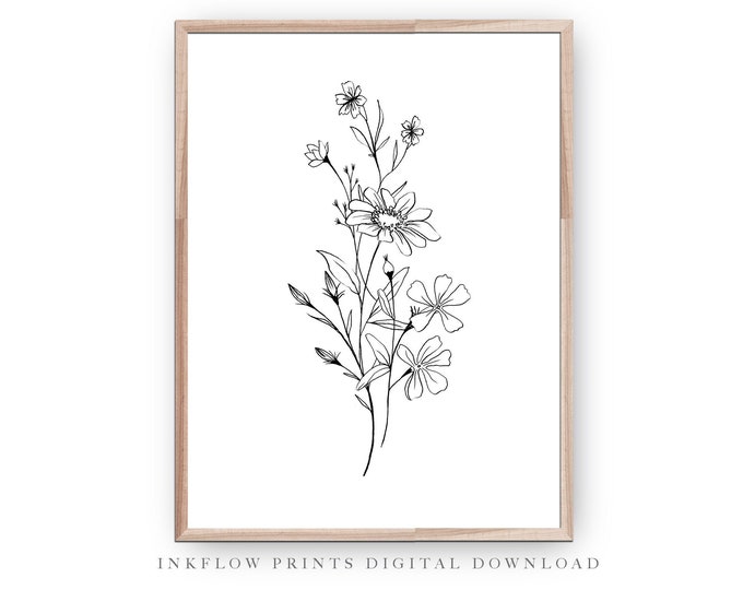 Black and White Flower Line Art Print Wildflowers Room Decor - Etsy
