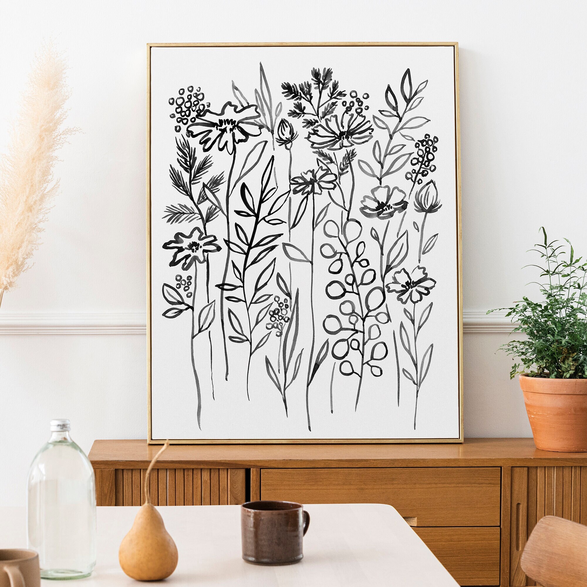 Black and White Flower Line Art Print Wildflowers Room Decor - Etsy
