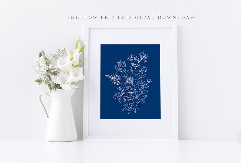 Navy Blue Botanical Illustration, DIGITAL DOWNLOAD, Floral Minimal Art ...