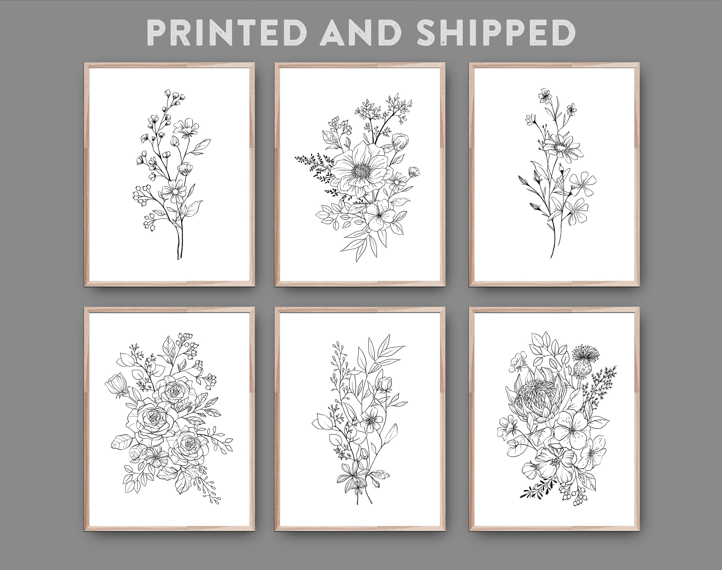 Set of 6 Black White Flower Wall Art Print PRINTED AND - Etsy