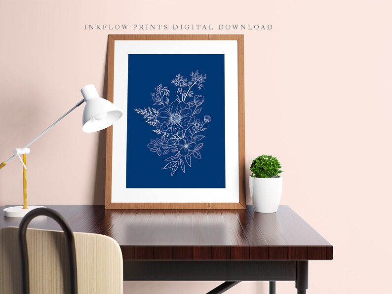 Navy Blue Botanical Illustration, DIGITAL DOWNLOAD, Floral Minimal Art ...