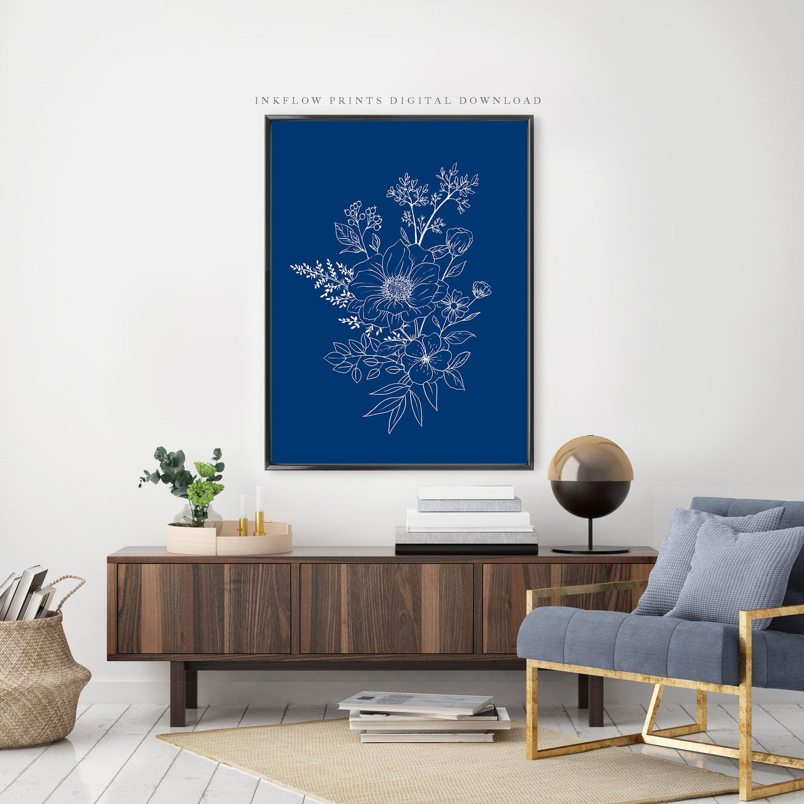 Navy Blue Botanical Illustration, DIGITAL DOWNLOAD, Floral Minimal Art ...