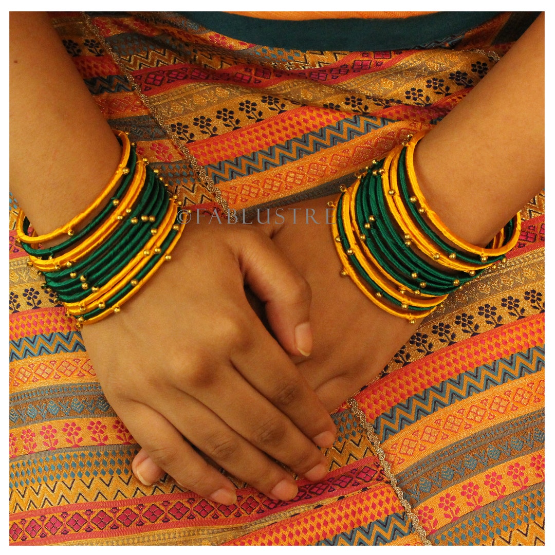 Handmade Silk Thread Color Bangles With Gold Bead - Set of 12 Bangles ...