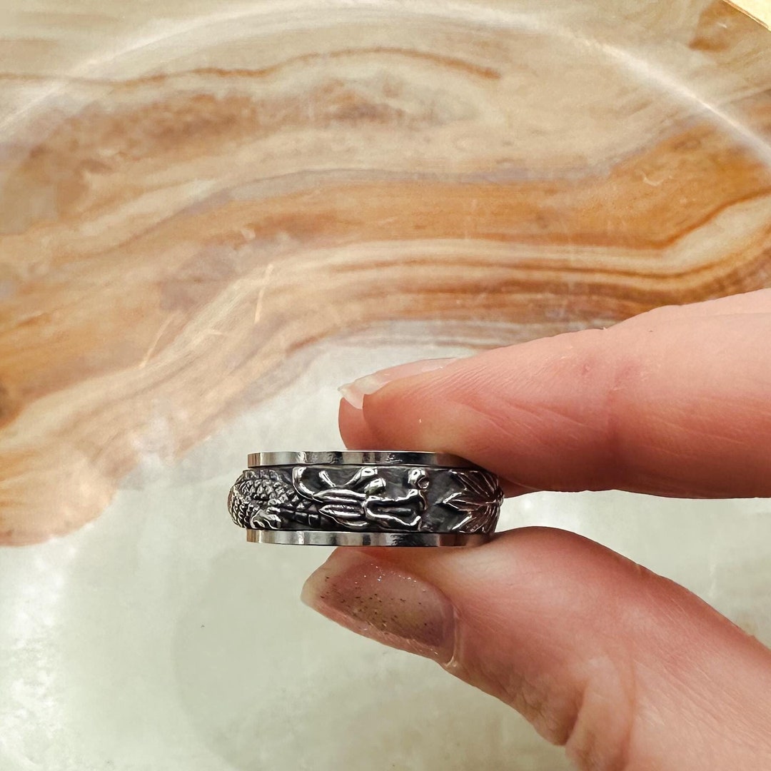 Stainless Steel Dragon Spinner Ring - Bold Silver Fidget Band With ...