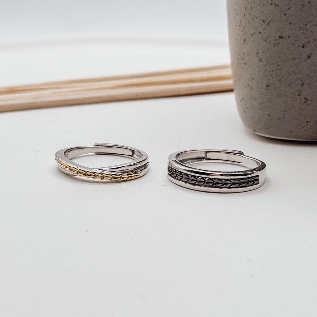 Sterling Silver Couple Rings Set Adjustable Matching Bands, Two Tone Gold Black Leaf Pattern ...