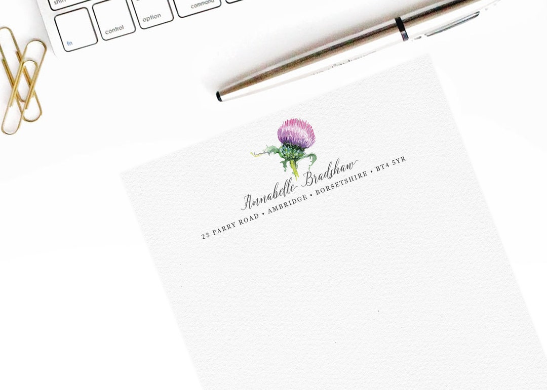 Luxury Personalised Letter Writing Set - Purple Watercolour Thistle ...