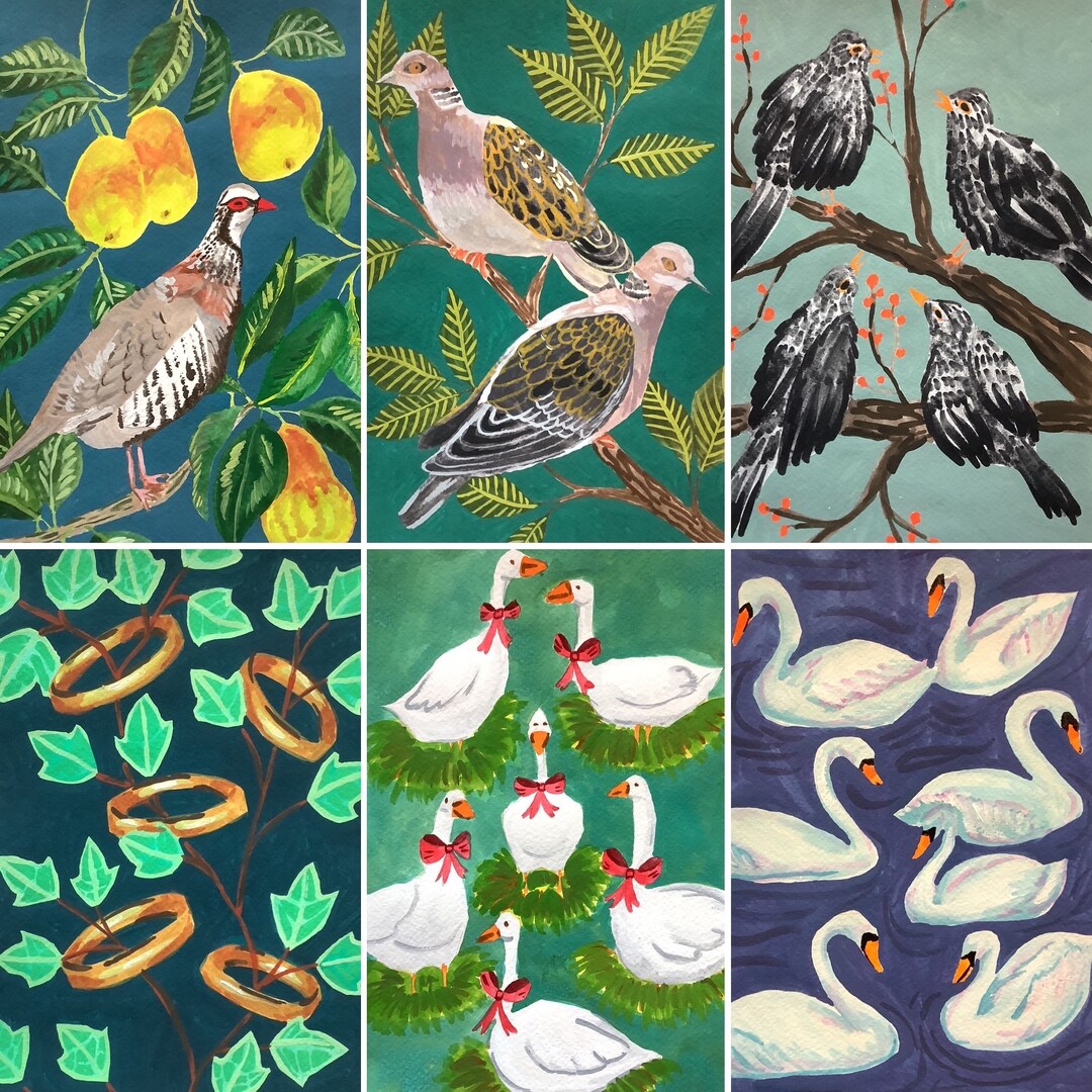 Twelve Days of Christmas Paintings, Paintings of Birds in Gouache on ...