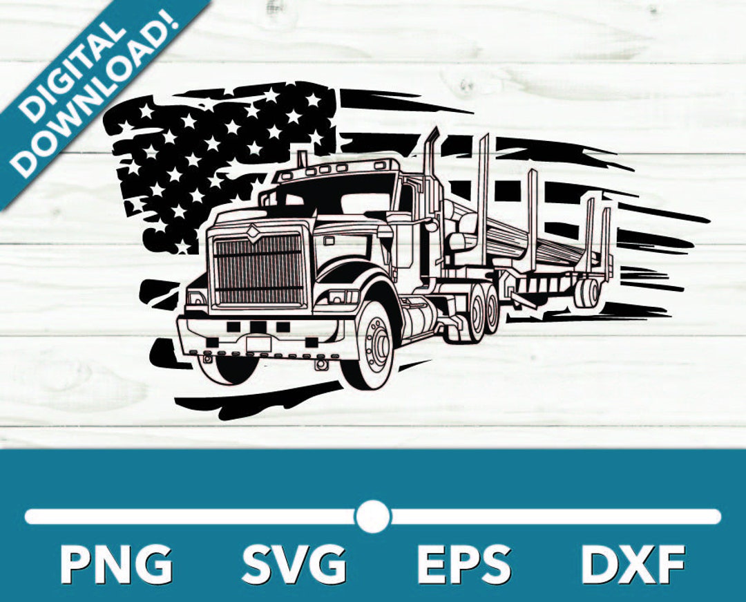 Log Hlaf Load Semi Truck Front Big Rig With Flag Heavy Duty Logging SVG ...