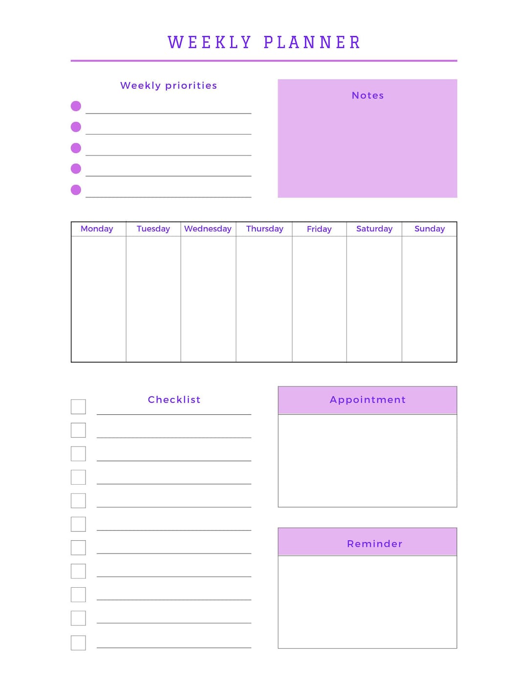 Weekly Planner Checklist Set Appointments Weekly Schedule - Etsy
