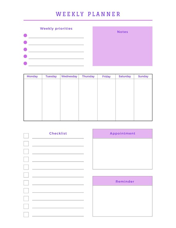 Weekly Planner Checklist Set Appointments Weekly Schedule - Etsy