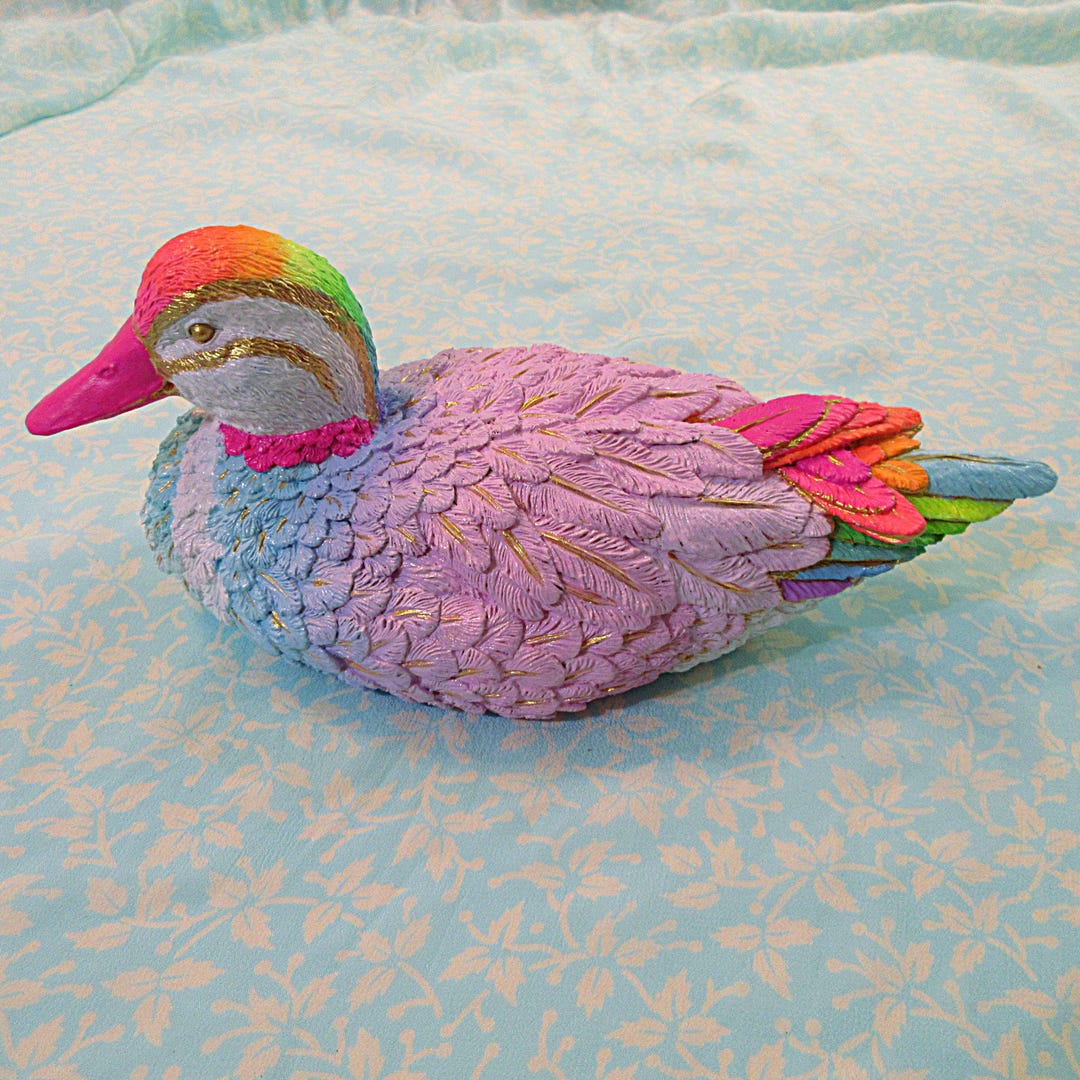 Neon Rainbow & Pastel Painted Duck 9.5" Long Large Figurine Bird ...