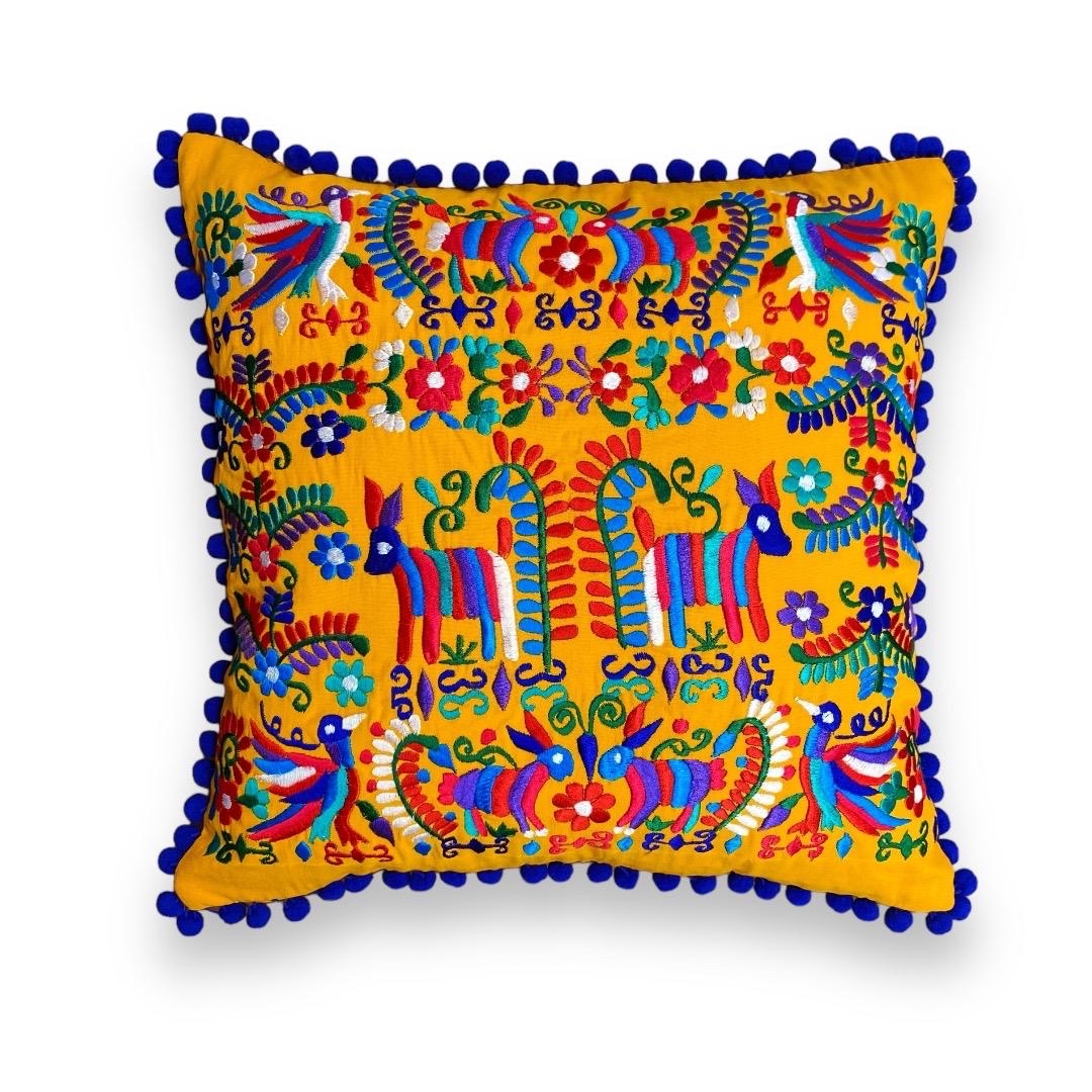 Mexican Otomi Yellow Embroidered Pillow Cover Gift for Her Bird Cushion ...