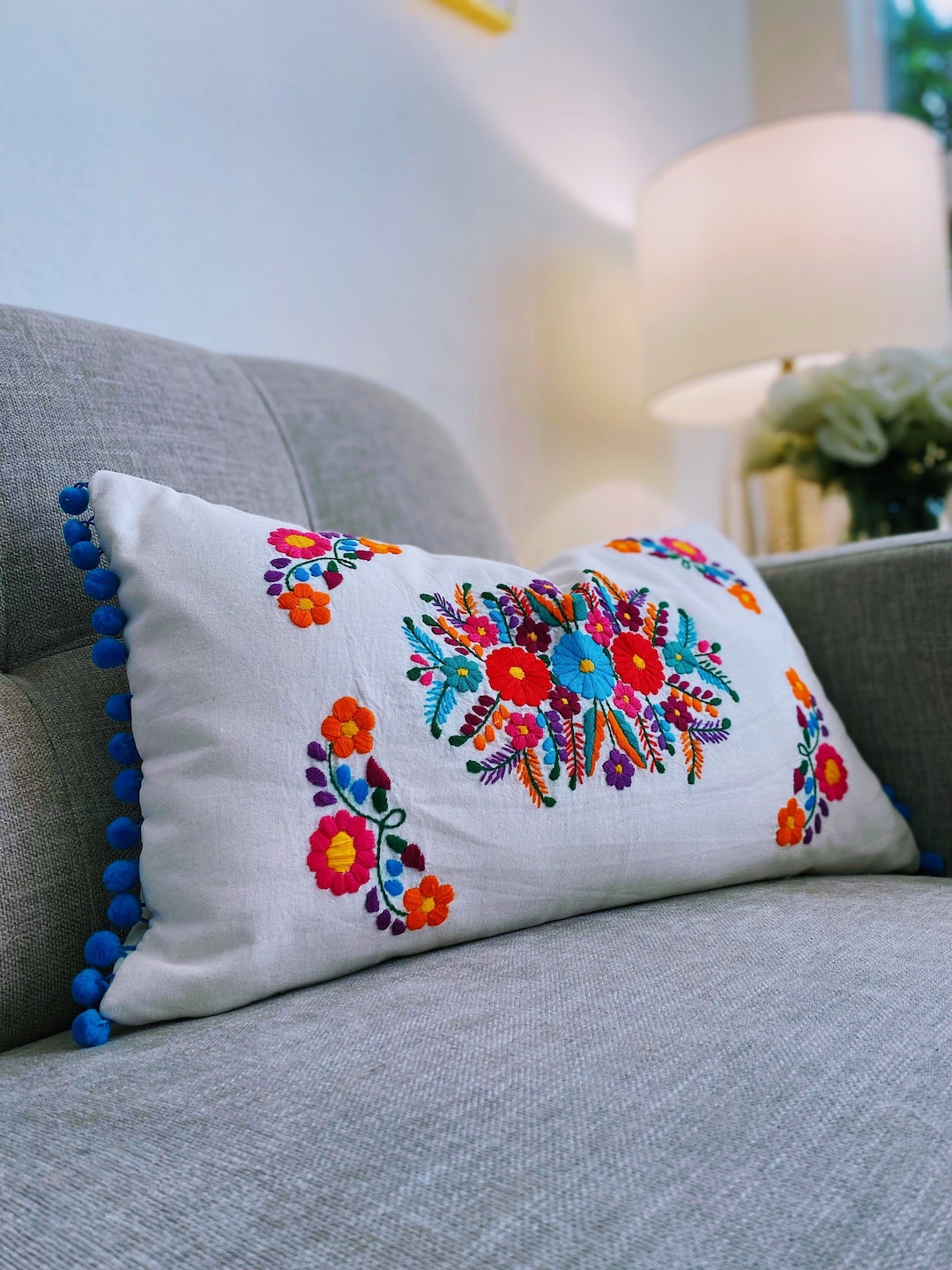 Mexican Pillow Cover With Hand Embroidery Mexican Embroidered Pillow ...