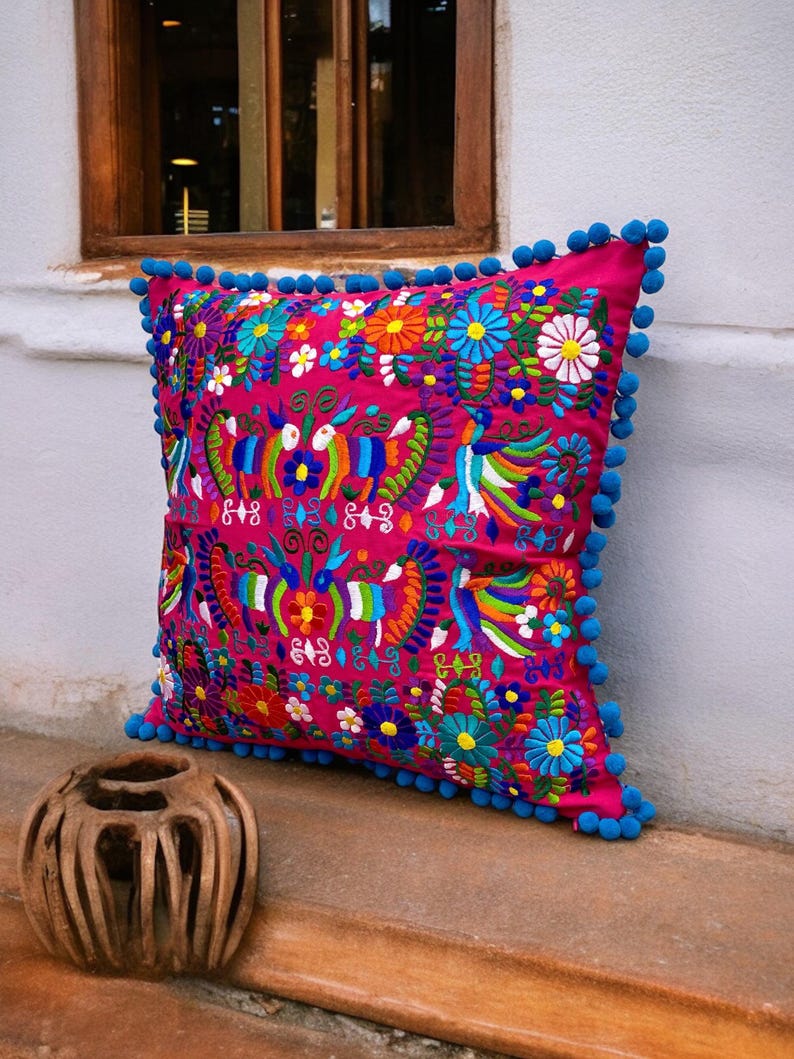 Pink Otomi Pillow Mexican Embroidery Bird Design Boho Decoration ...