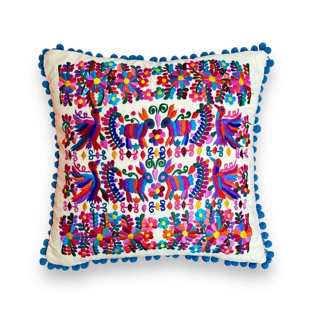 Mexican Pillow Cover With Otomi Style Embroidery and Colorful Mexican ...