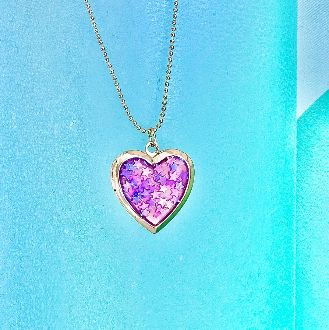 Purple and Gold Heart Shaped Star Locket, Purple Heart Locket, Purple ...