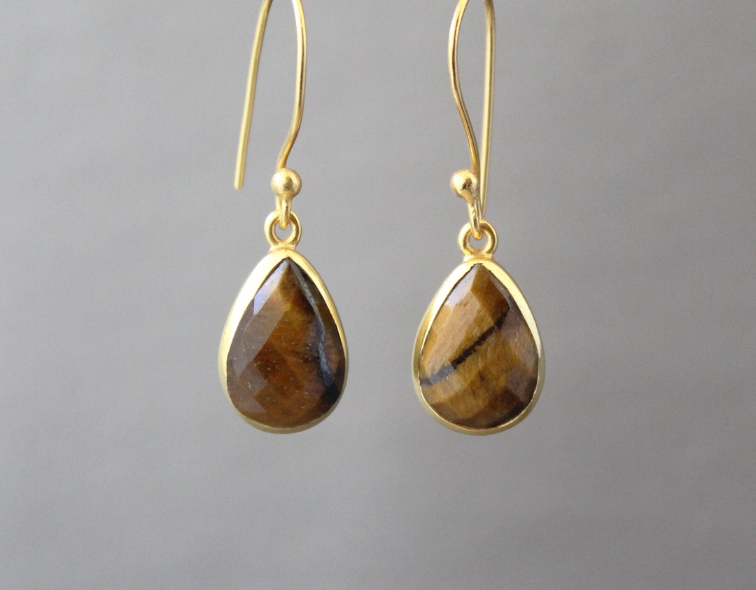 Tiger's Eye Earrings, Tiger Eye Birthstone Earrings, Gold Earrings ...
