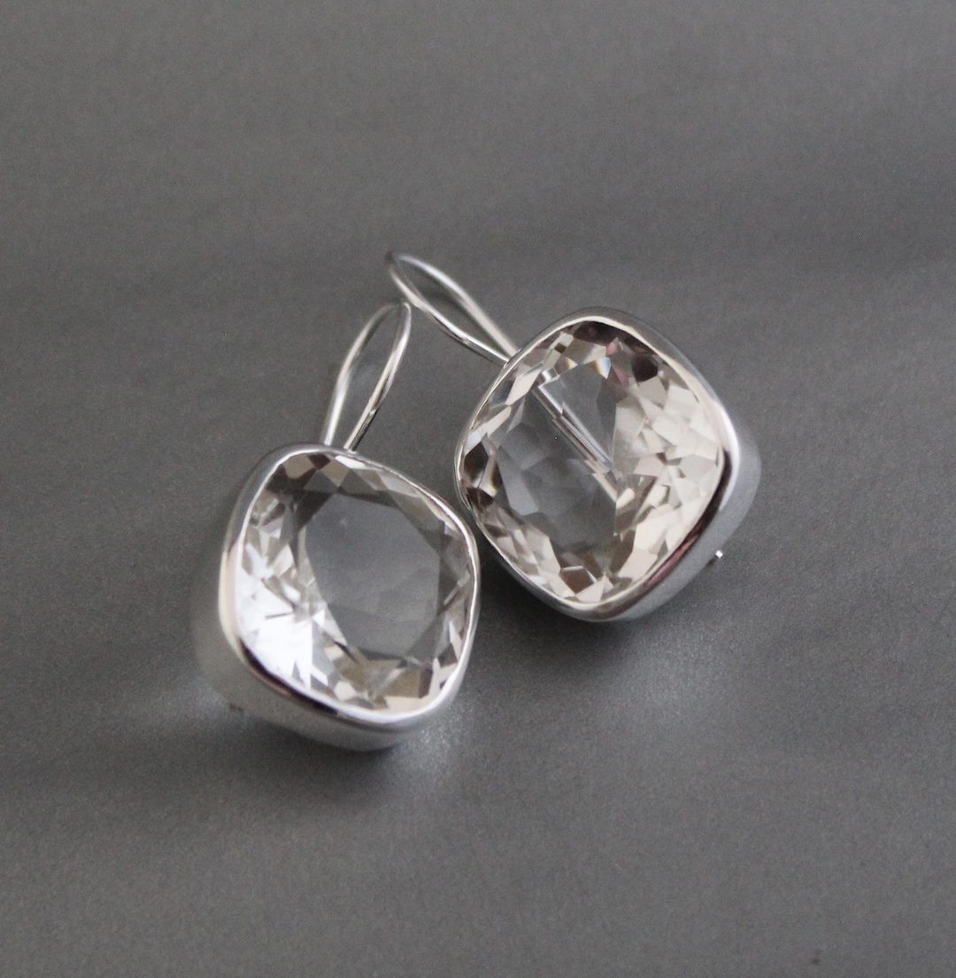 Handmade Cushion Cut Rock Crystal Sterling Silver Dangle Earrings - Etsy