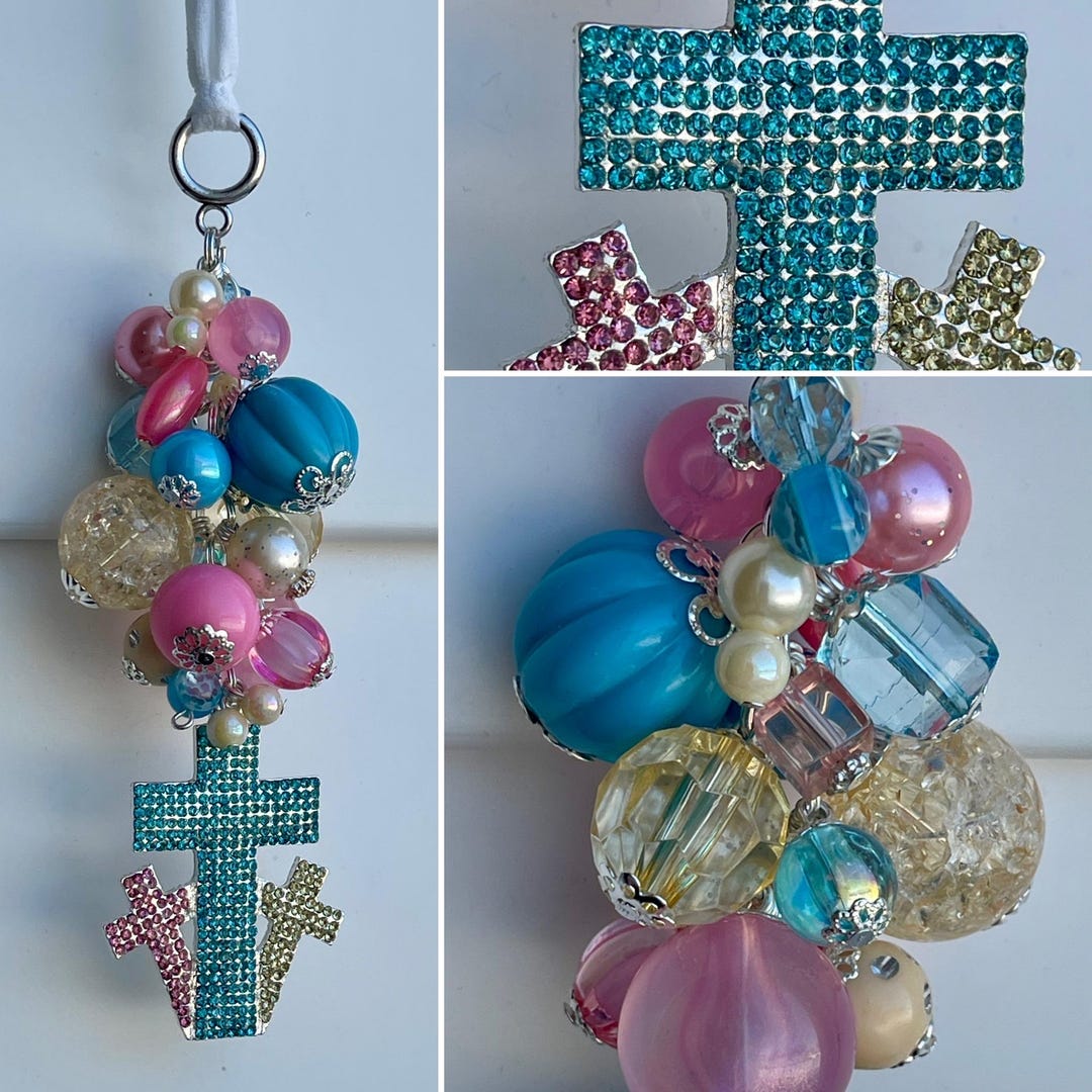 Car-mirror Charm for Rear View Decor • CROSS • Beaded Decor Rhinestone ...