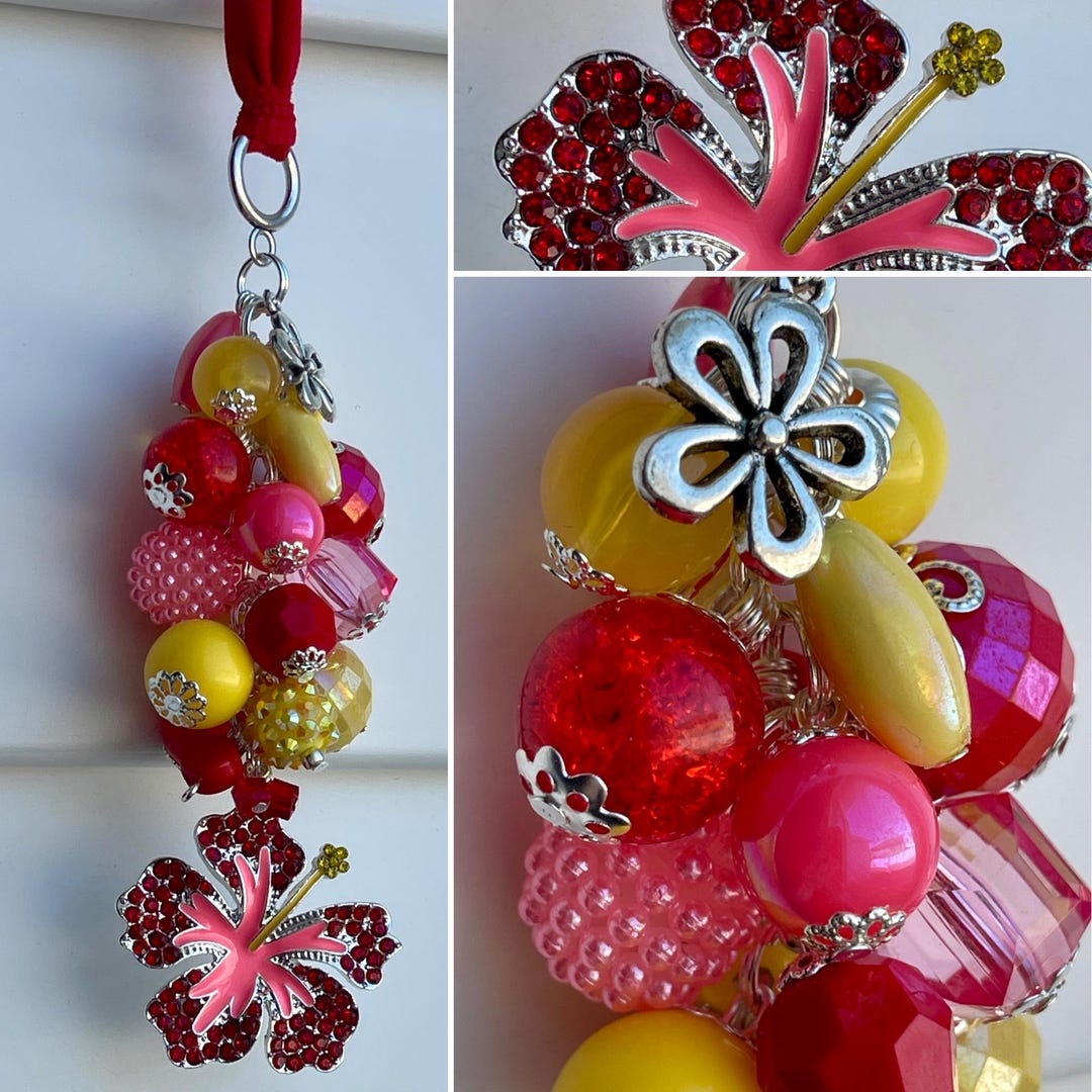 Car-mirror Charm for Rear View Decor • HIBISCUS • or Purse Bag Lanyard ...