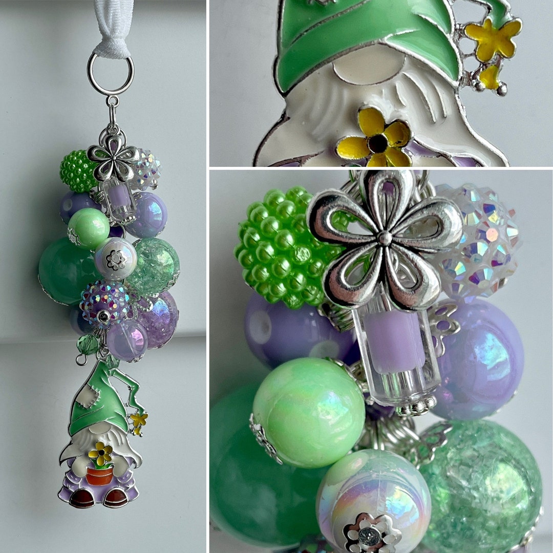 Car Mirror Charm • GARDEN GNOME • for Rear View Mirror • Beaded Decor ...