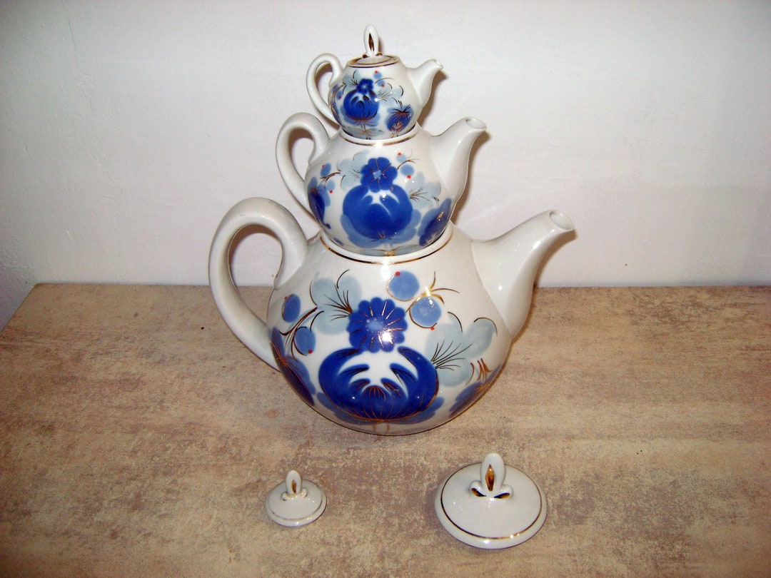 Vintage Porcelain China Set of Teapots Merchant Set Blue Flower Gzhel ...