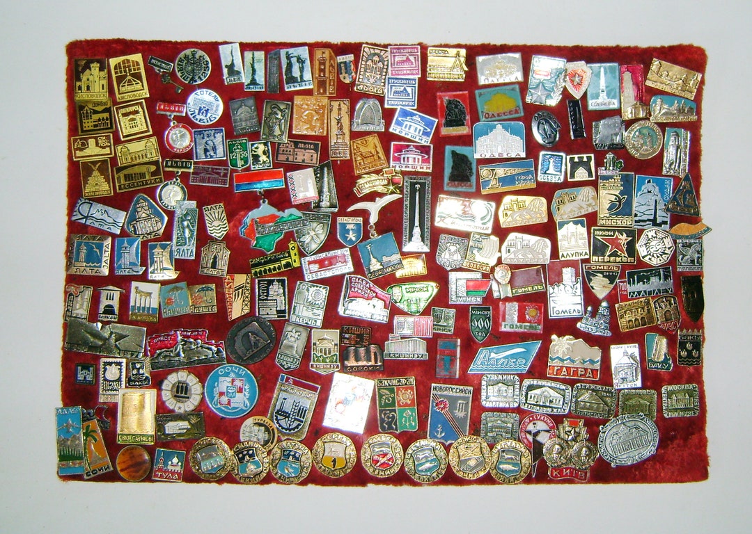 Set of Soviet Enamel Badges (coats of Arms, Cities 156 Pieces) on a Red ...