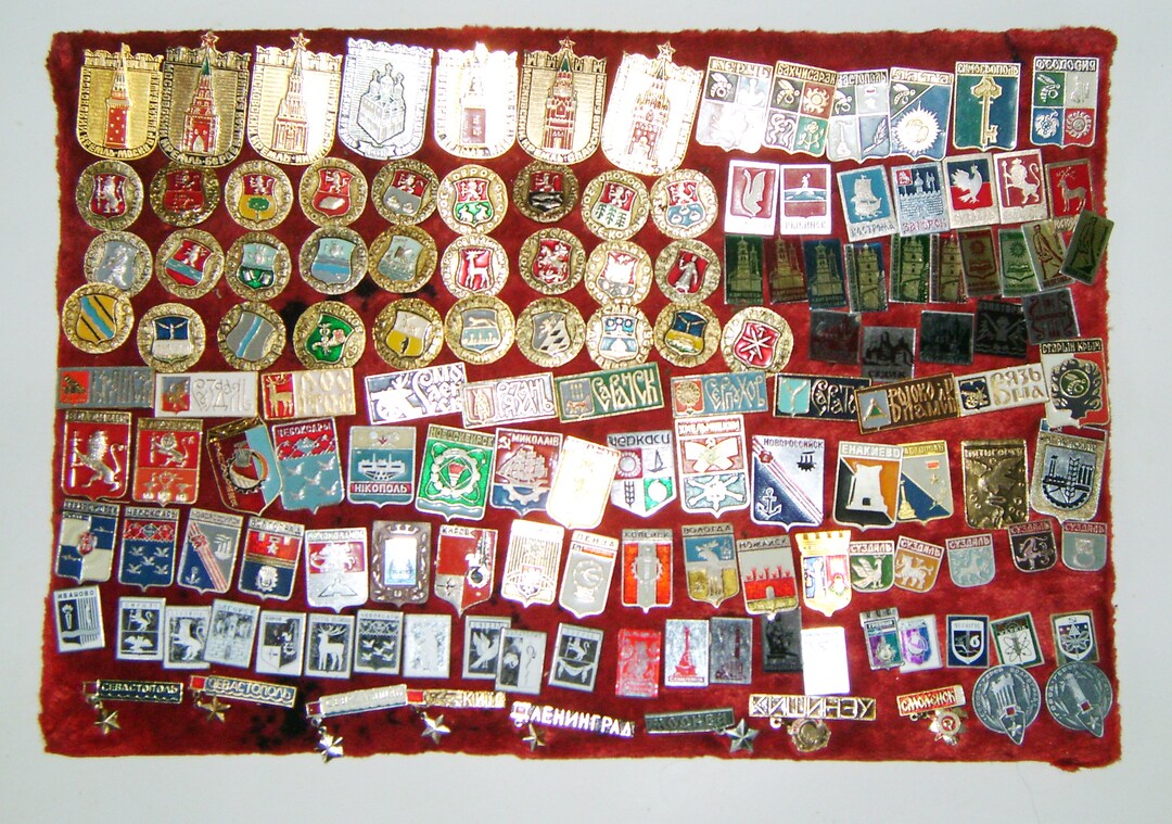 Set of Soviet Enamel Badges (coats of Arms, Cities 137 Pieces) on a Red ...