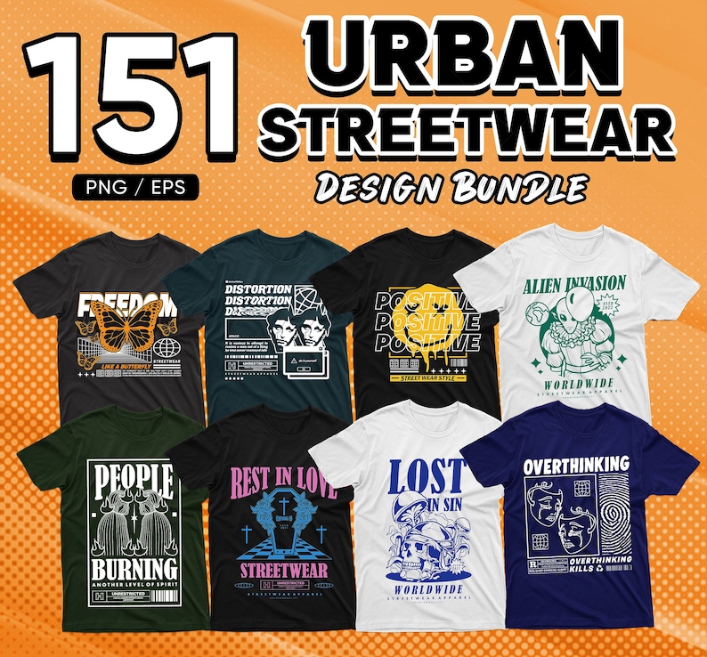 151 Paquete de diseño de camisetas de streetwear urbano, estilo urbano urbano, cultura pop, ropa ...
