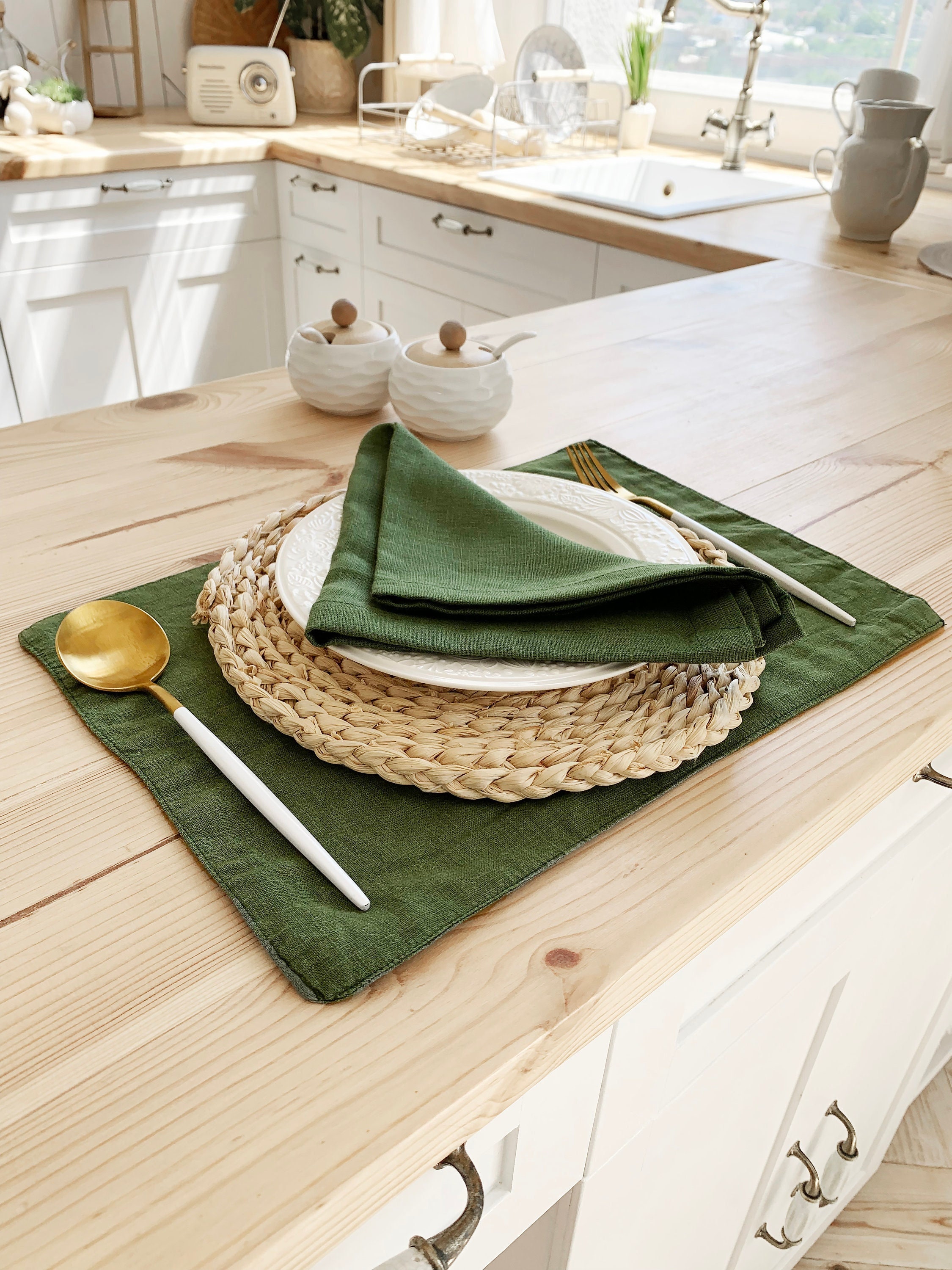 Set of 2 Forest Green Linen Placemats Moss Dark Green Dinner | Etsy