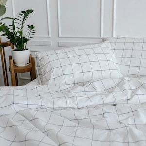 Large Grid Cotton Bedding Window Pane Check Duvet Cover, Fitted Sheet or Set of 2 Pillowcases in ...