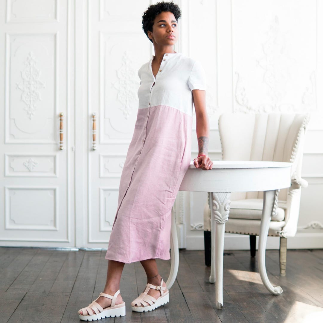 Color Block Linen Maxi Dress: Button-down Short Sleeve Shirt Dress - Etsy