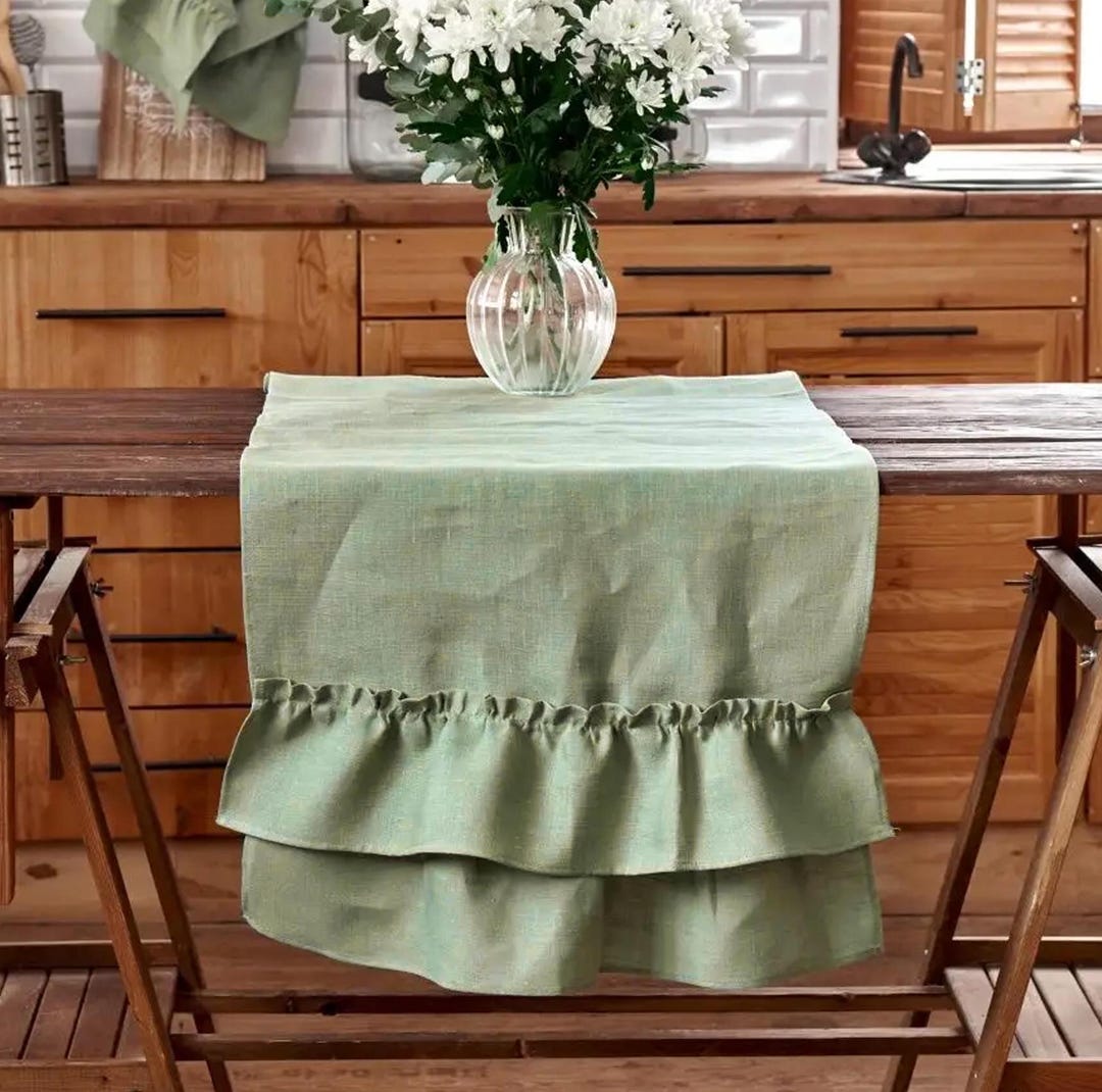 Linen Table Runner With Ruffles | Custom Kitchen, Dining, Wedding Table ...