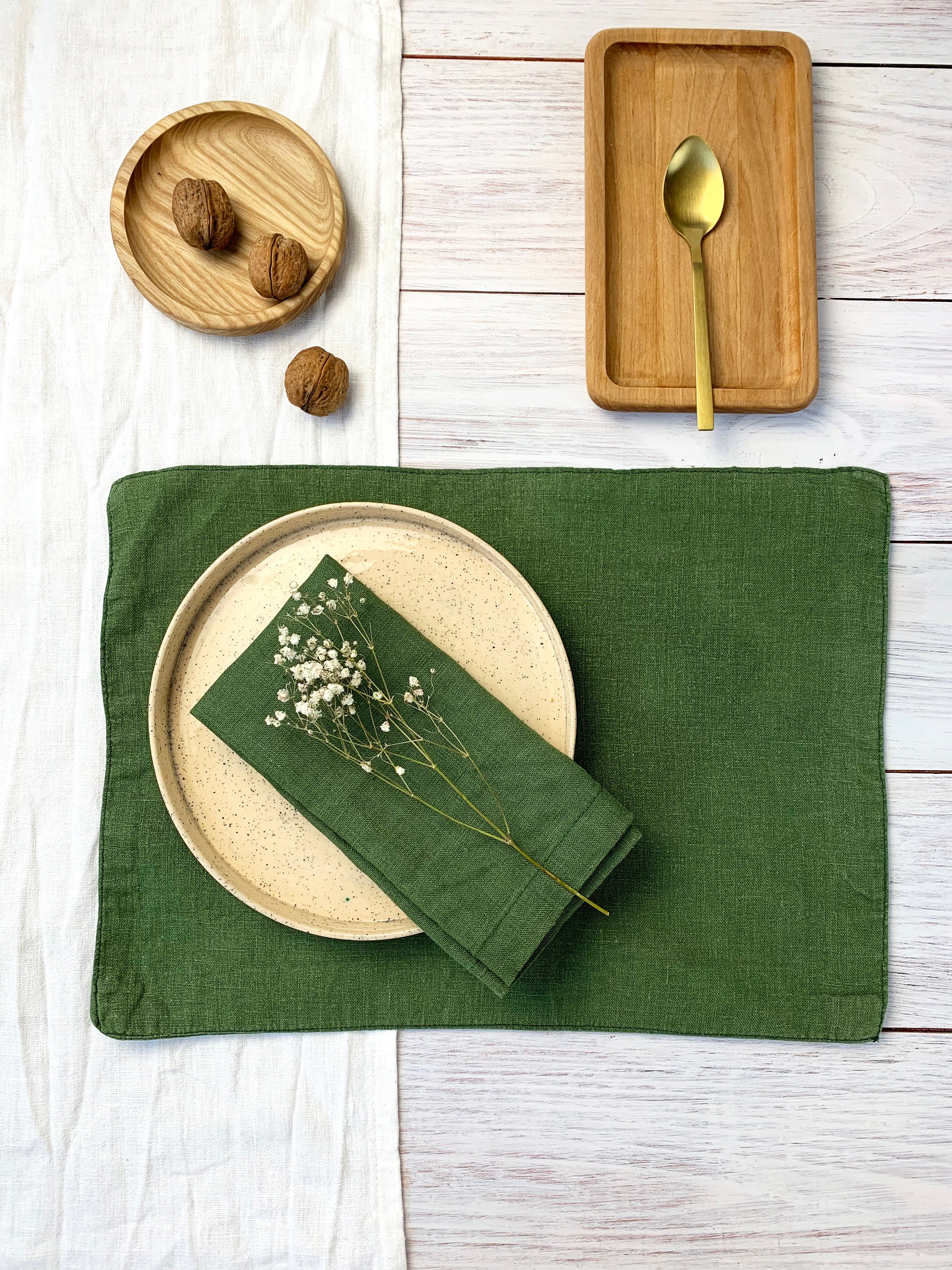 Set of 2 Forest Green Linen Placemats Moss Dark Green Dinner | Etsy