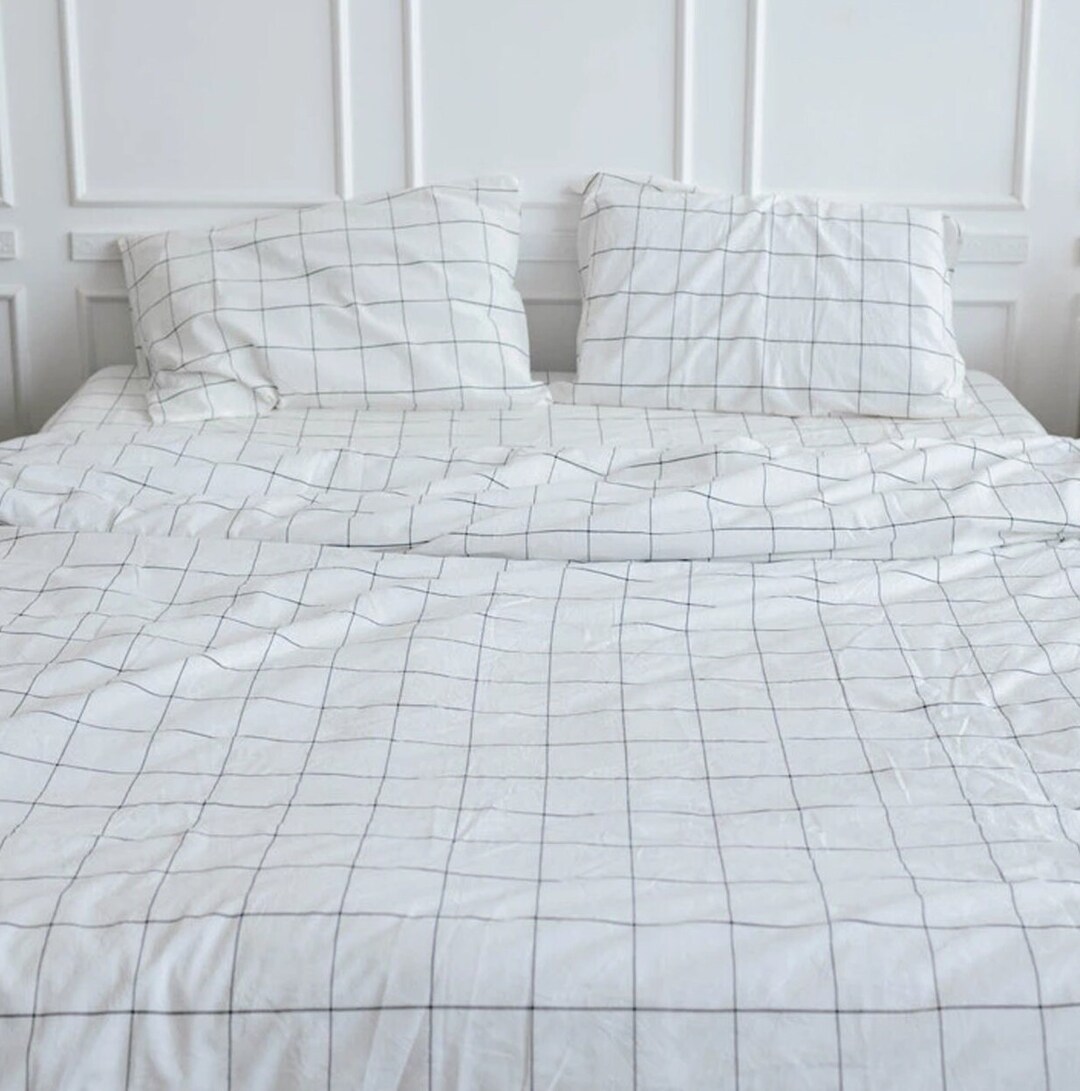 Large Grid Cotton Bedding Window Pane Check Duvet Cover, Fitted Sheet ...
