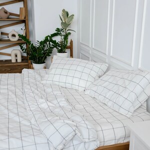 Large Grid Cotton Bedding Window Pane Check Duvet Cover, Fitted Sheet or Set of 2 Pillowcases in ...
