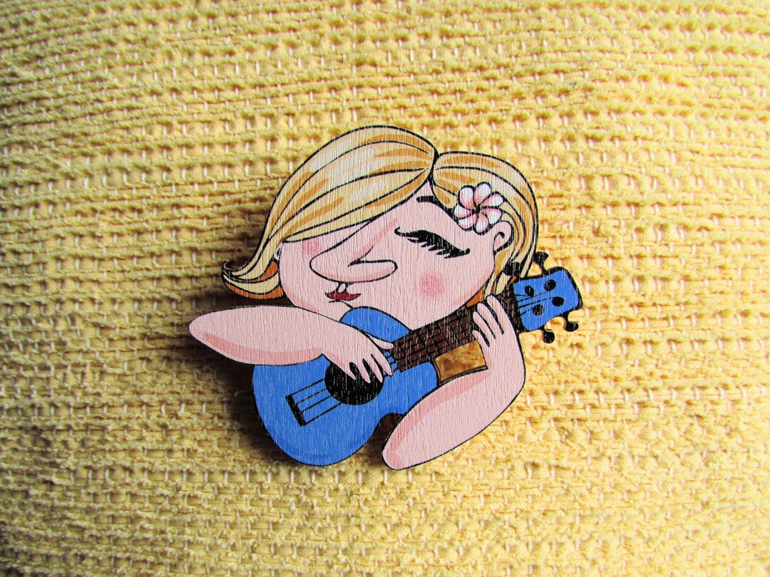Brooch Ukulele Playing Lady, Laser Cut Wood - Laserleikattu Puinen ...