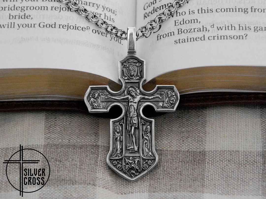 Large Orthodox Men Silver Cross Necklace Mens Sterling Crucifix Russian ...